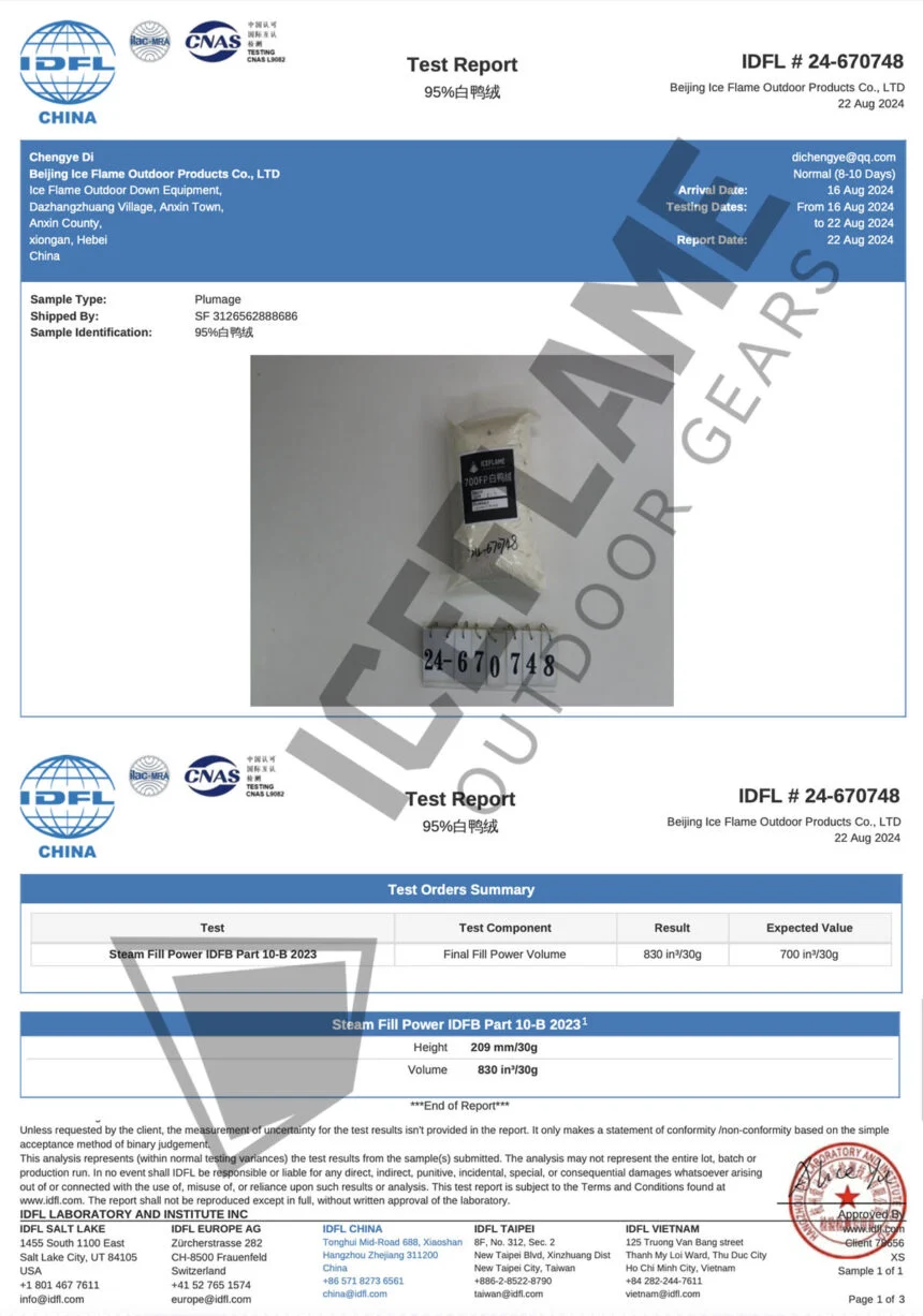 IceFlame Down Quality & Testing Standards | IDFL Certified Fill Power ...